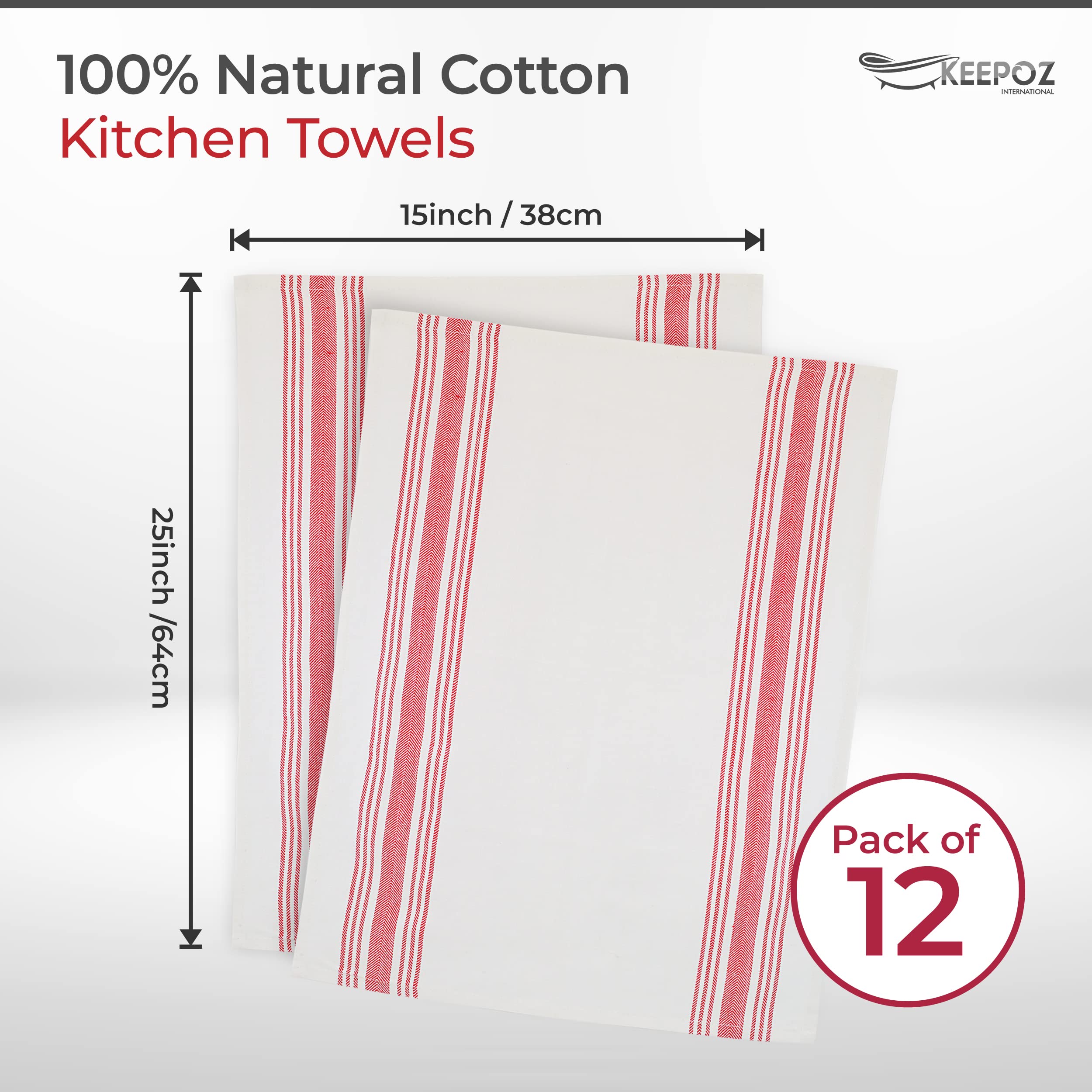 KEEPOZ Kitchen Towels, 16 x 25 Inches, 100% Ring Spun Cotton Dish Towels for Drying Dishes, Super Soft and Absorbent Tea Towels and Bar Towels Set Dish Cloths and Dish Rags for Drying (12 Pack, Red)