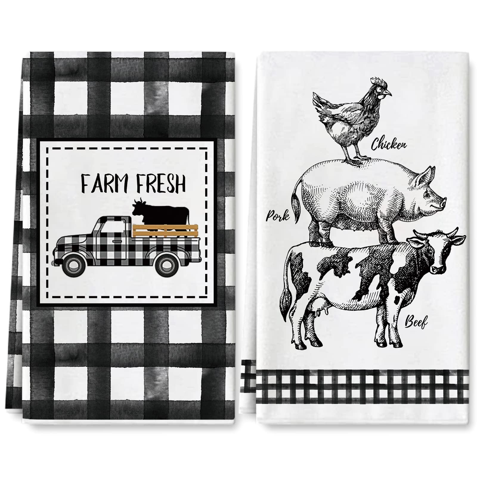 AnyDesign Farm Animal Kitchen Towel Farmhouse Buffalo Plaids Dish Towel 18 x 28 Inch Rustic Rooster Cow Pig Truck Dish Cloths Towel for Bathroom Kitchen Home Cooking Cleaning Wipes, 2Pcs