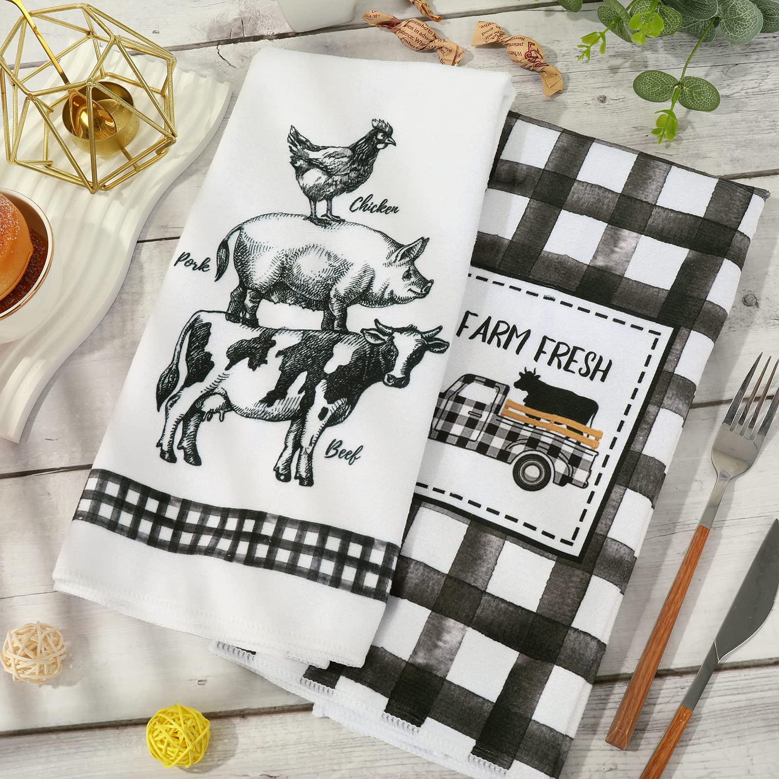 AnyDesign Farm Animal Kitchen Towel Farmhouse Buffalo Plaids Dish Towel 18 x 28 Inch Rustic Rooster Cow Pig Truck Dish Cloths Towel for Bathroom Kitchen Home Cooking Cleaning Wipes, 2Pcs