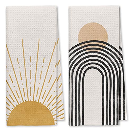 DIBOR Boho Sun Line Rainbow Kitchen Towels Dish Towels Dishcloth,Boho Nature Landscape Decorative Absorbent Drying Cloth Hand Towels Tea For Bathroom Kitchen,Boho Lovers Girls Gifts(Set Of 2) (orange)