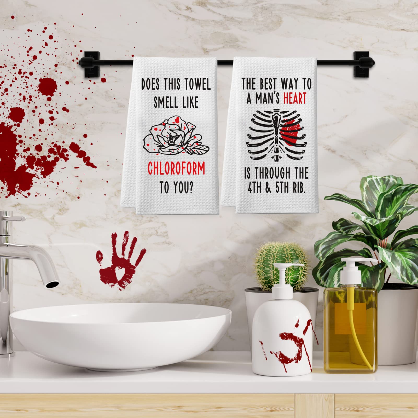 2 Pack Funny Gothic Kitchen Towels, Serial Killer Gifts for Women, True Crime Bathroom Towels, Halloween Goth Home Decor, Morbid Podcast Merch, Does This Towel Smell Like Chloroform to You