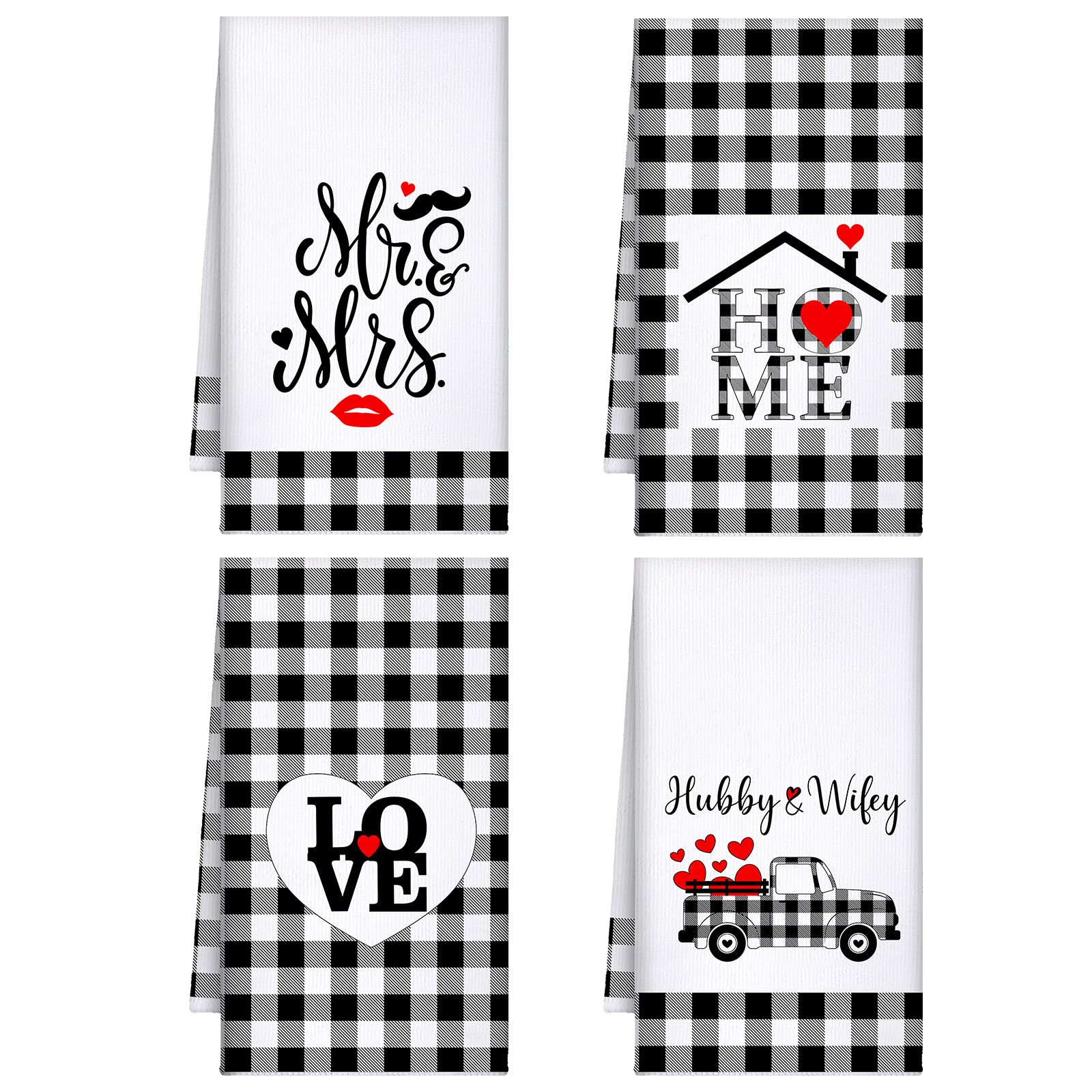 Oudain 4 Pcs Mr and Mrs Kitchen Towels Wedding Towels for Gifts Plaid Kitchen Towels Funny Farmhouse Dish Towers Funny Housewarming Mr Mrs Love Gifts for Women Home(24 x 16 Inch)