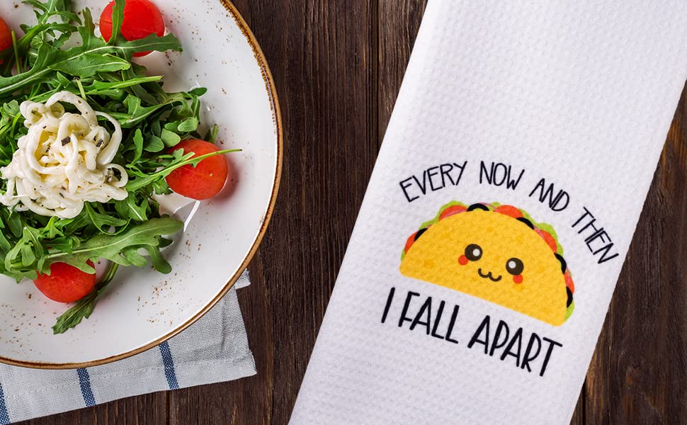 Joyriza Every Now and Then I Fall Apart - Funny Kitchen Towels Gifts, Gag Taco Lover Gift, Housewarming Present for Taco Lovers Friends Mom Grandma, Decorative Joke Waffle Weave Dish Towel