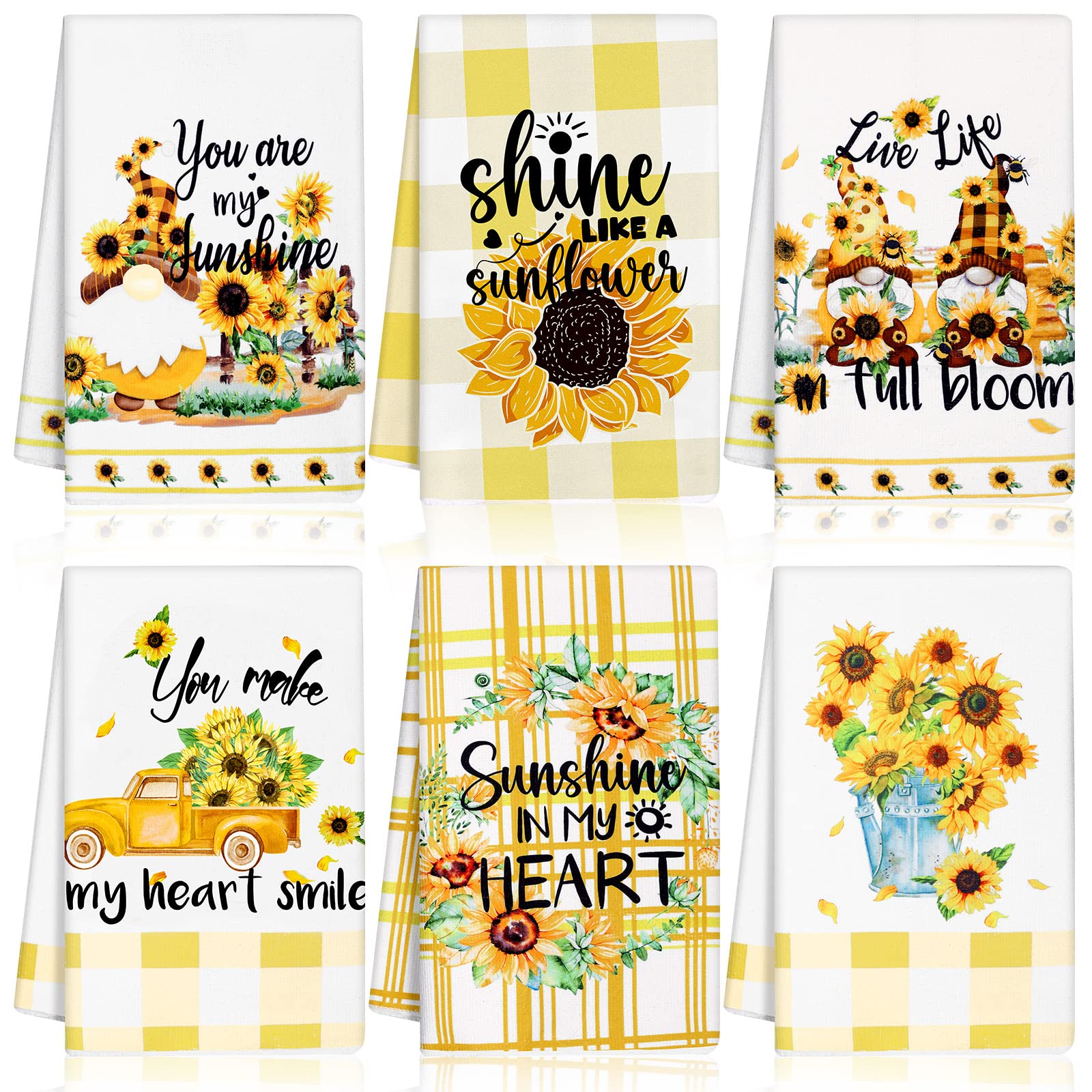 Moukeren 6 Pcs Sunflower Kitchen Dish Towels Set Sunshine Gnomes Hand Towels Polyester Towel Dishcloths for Summer Farmhouse Bathroom Kitchen Supplies, 23.6 x 15.7 Inches