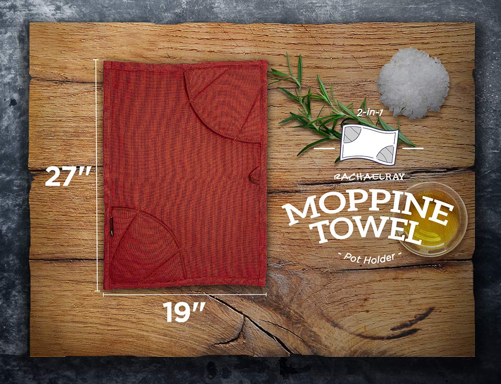 Rachael Ray Moppine Towel, 2pk- 2-in-1 Kitchen Towel and Pot Holder with 2 Heat Resistant Pockets to Grip Hot Cookware, Bakeware-Absorbent Kitchen Towels Perfect for Drying Dishes and Hands, Brick Red