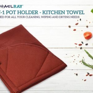 Rachael Ray Moppine Towel, 2pk- 2-in-1 Kitchen Towel and Pot Holder with 2 Heat Resistant Pockets to Grip Hot Cookware, Bakeware-Absorbent Kitchen Towels Perfect for Drying Dishes and Hands, Brick Red