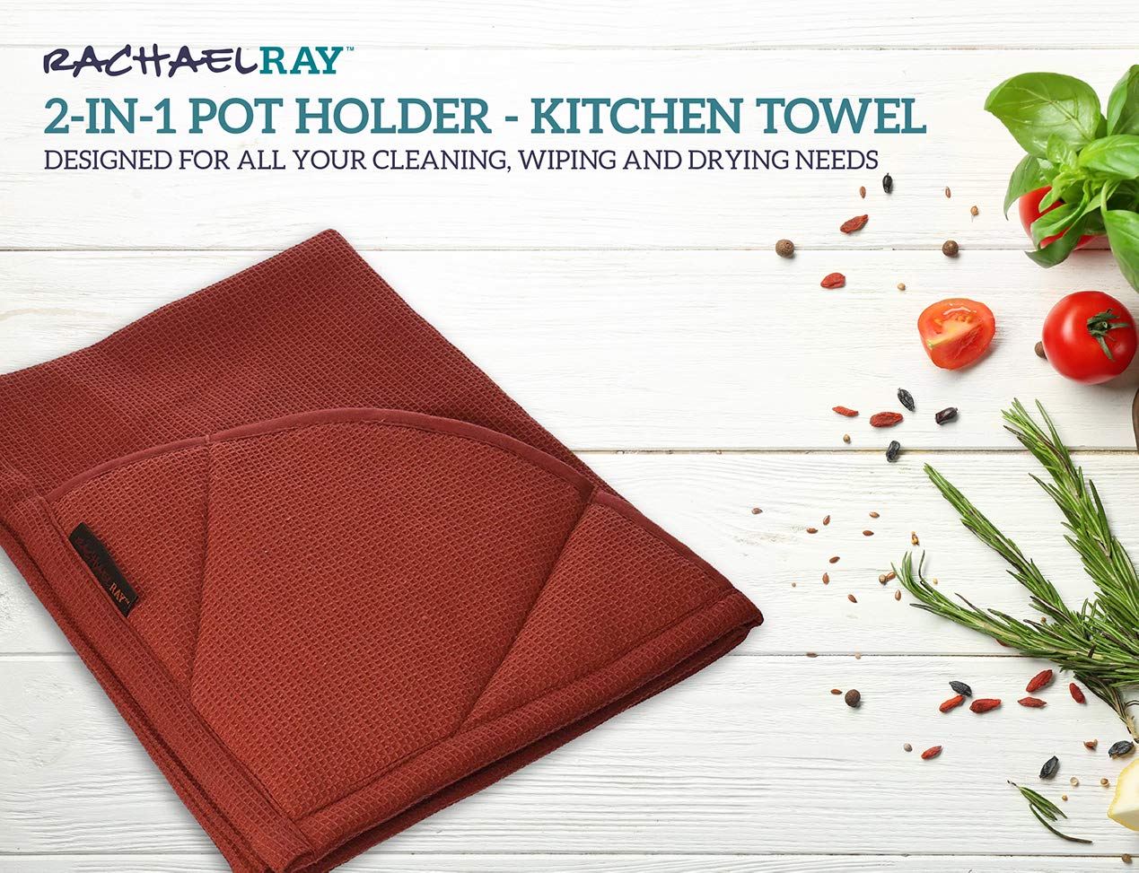 Rachael Ray Moppine Towel, 2pk- 2-in-1 Kitchen Towel and Pot Holder with 2 Heat Resistant Pockets to Grip Hot Cookware, Bakeware-Absorbent Kitchen Towels Perfect for Drying Dishes and Hands, Brick Red