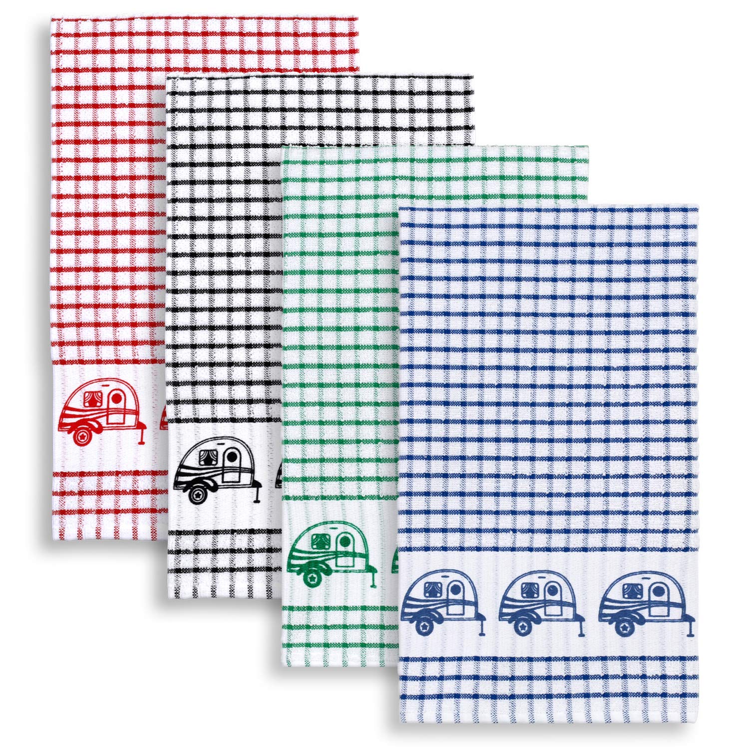 Cackleberry Home Retro Camper Windowpane Check Cotton Terrycloth Kitchen Towels, Set of 4 (Assorted)