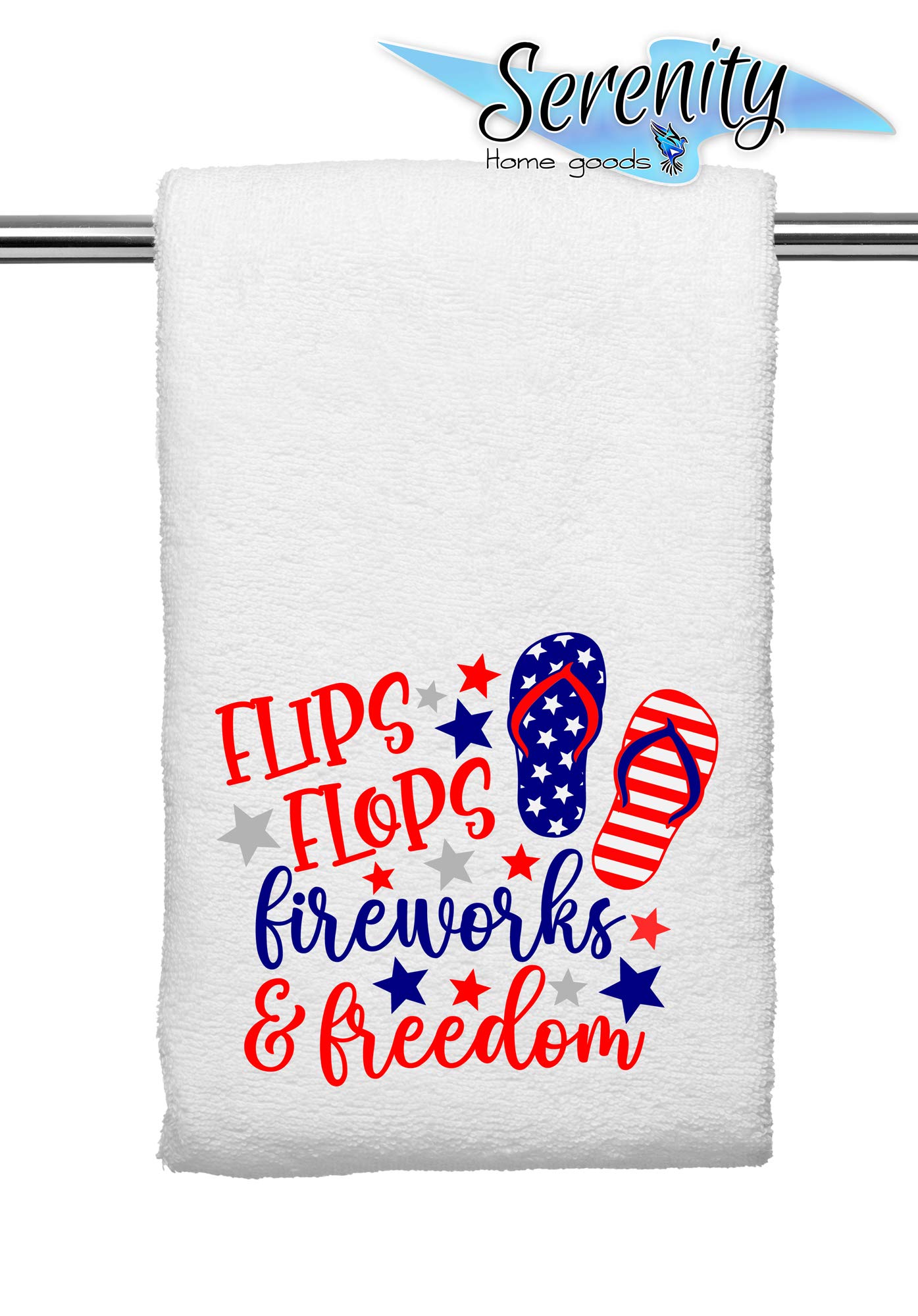 4th of July Summer Home Decor Decorative Kitchen and Bath Hand Towels | Flip Flops Fireworks Freedom | Red White and Blue Towel Home Holiday USA Decorations