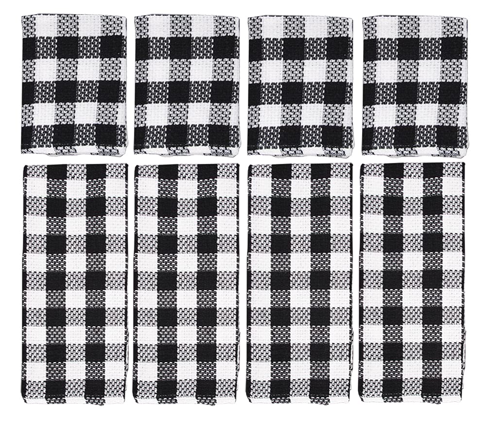 fillURbasket Buffalo Plaid Black Kitchen Towels and Dishcloths Set Check Dish Towels with Dishcloths for Washing Drying Dishes 100% Cotton 15”x 25” 8 Piece Kitchen Set