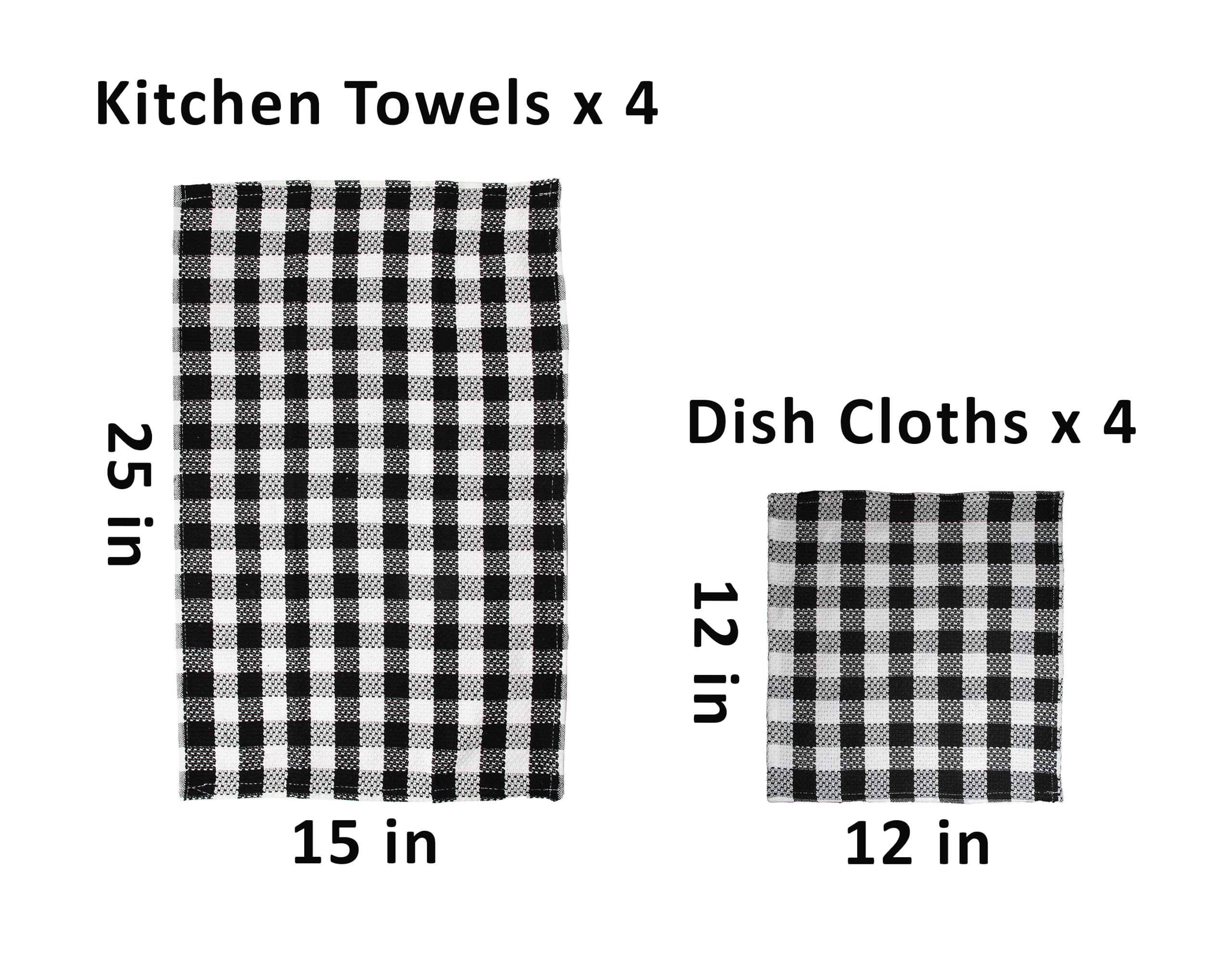 fillURbasket Buffalo Plaid Black Kitchen Towels and Dishcloths Set Check Dish Towels with Dishcloths for Washing Drying Dishes 100% Cotton 15”x 25” 8 Piece Kitchen Set