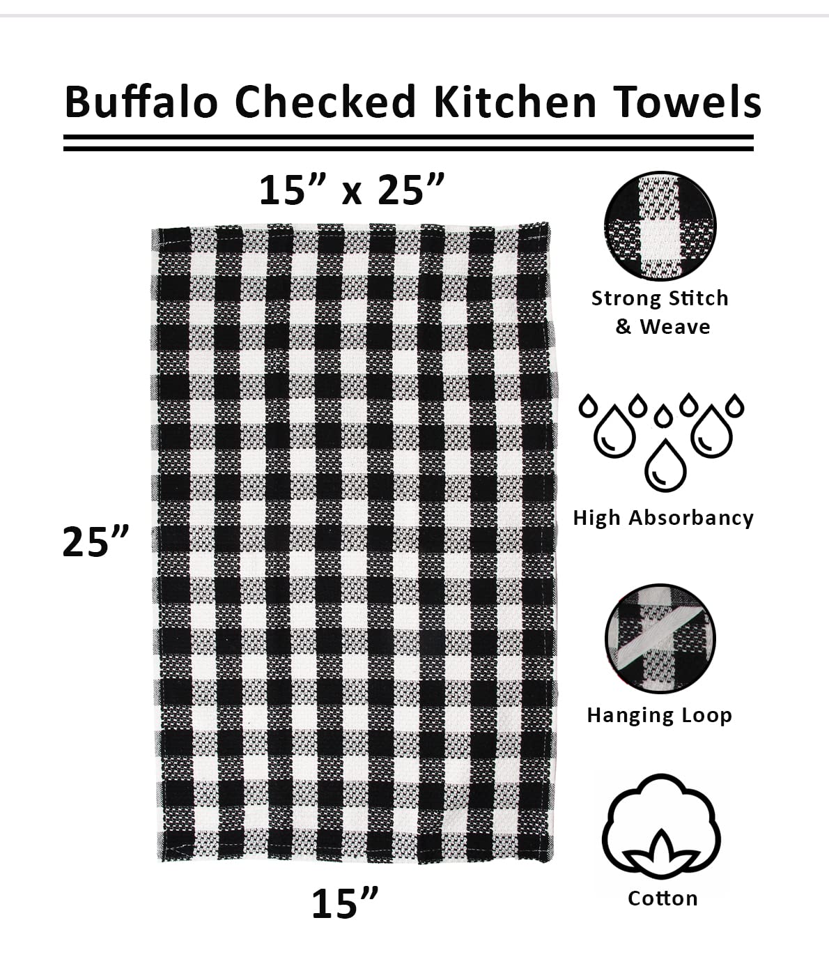 fillURbasket Buffalo Plaid Black Kitchen Towels and Dishcloths Set Check Dish Towels with Dishcloths for Washing Drying Dishes 100% Cotton 15”x 25” 8 Piece Kitchen Set