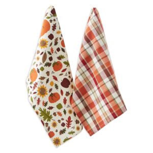 dii fall basics kitchen dishtowel collection printed & plaid fall dish towel set, 18x28, pumpkin spice, 2 count