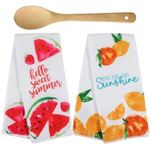 luti home hello sweet summer & bring your own sunshine kitchen towel gift 3 piece set with 2 kitchen towels and spoon - hostess, new home, gift set