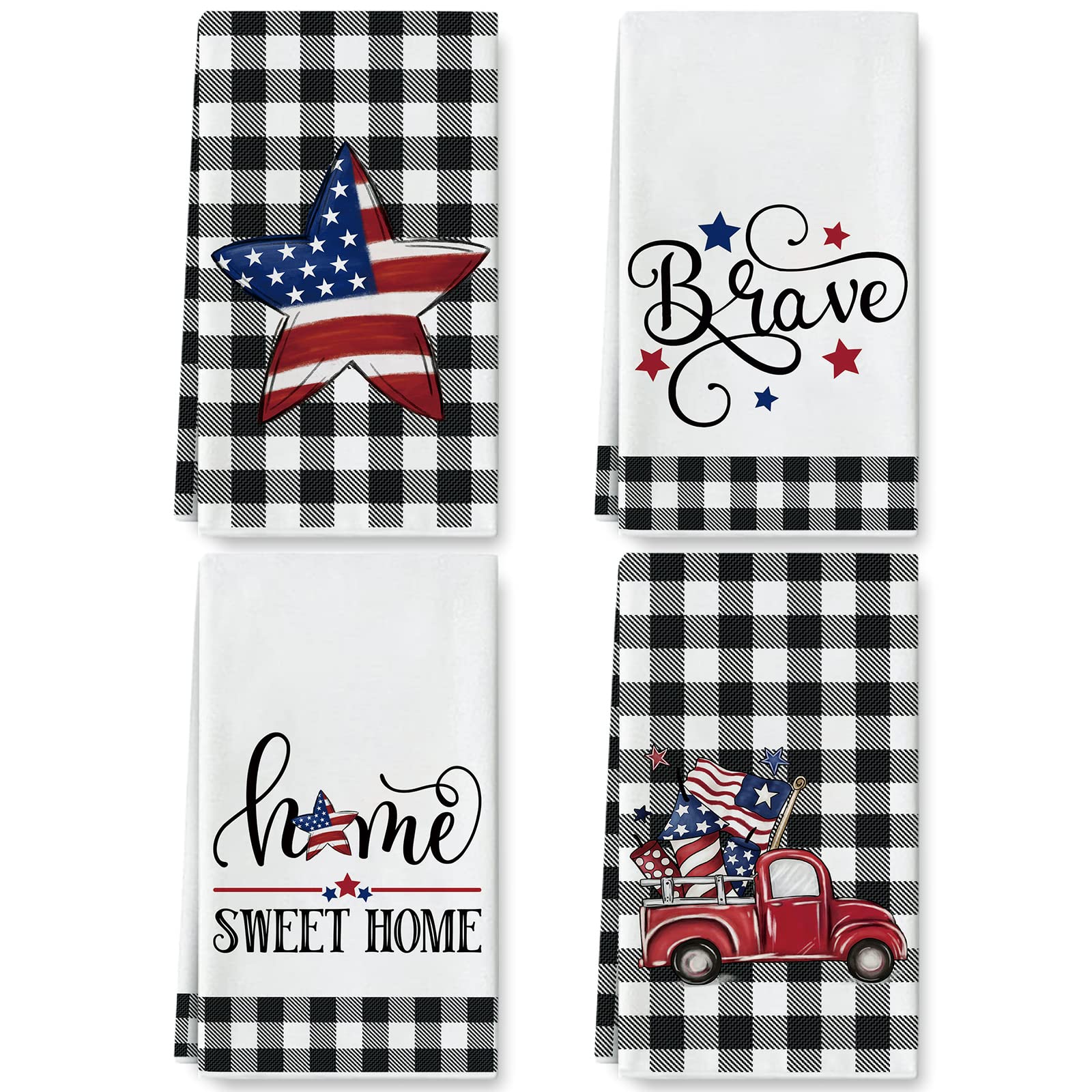 AnyDesign Patriotic Kitchen Dish Towel 18 x 28 in Buffalo Plaids American Flag Truck Dish Cloth Towel 4th of July Decorative Hand Drying Tea Towel for Independence Day Memorial Day, 4Pcs