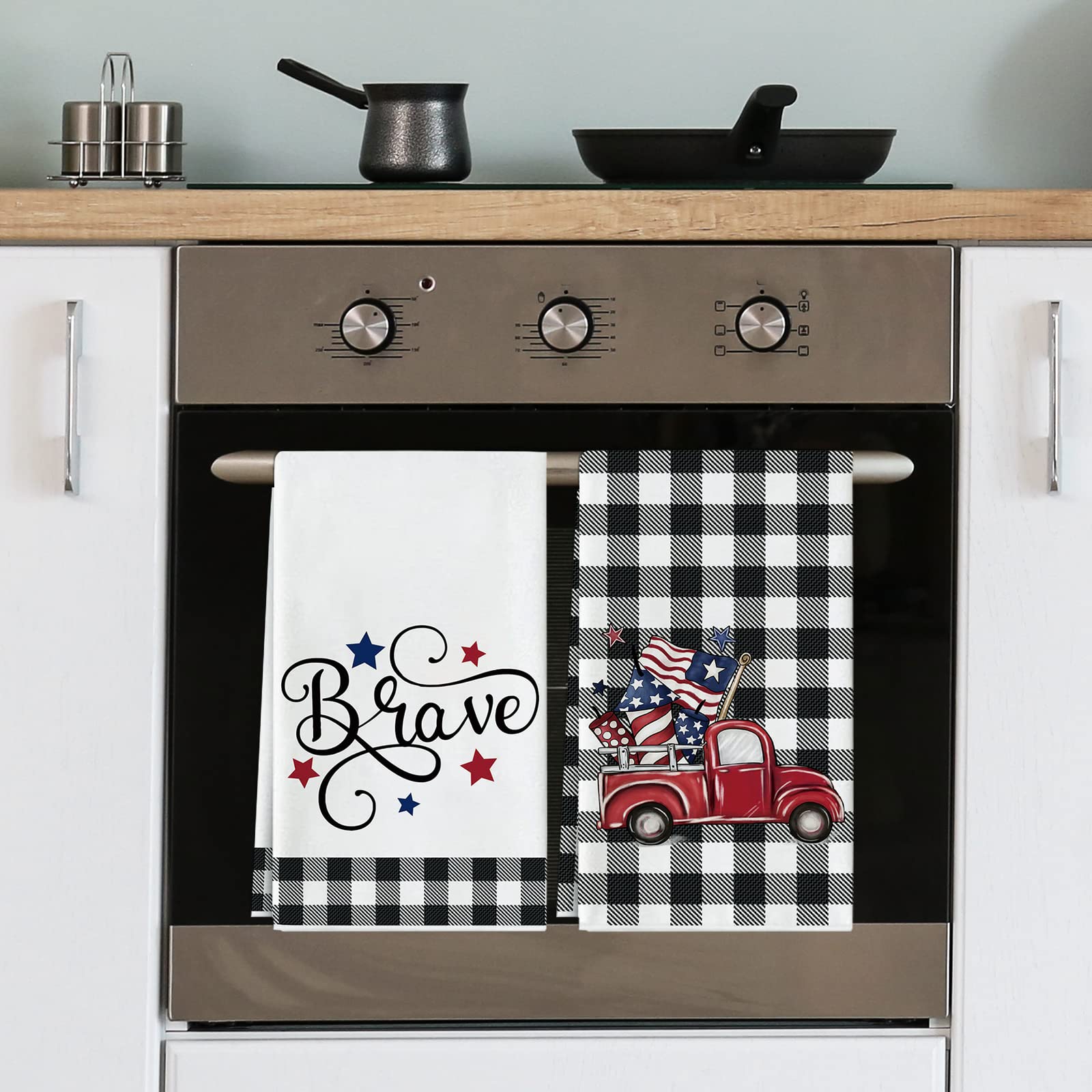 AnyDesign Patriotic Kitchen Dish Towel 18 x 28 in Buffalo Plaids American Flag Truck Dish Cloth Towel 4th of July Decorative Hand Drying Tea Towel for Independence Day Memorial Day, 4Pcs