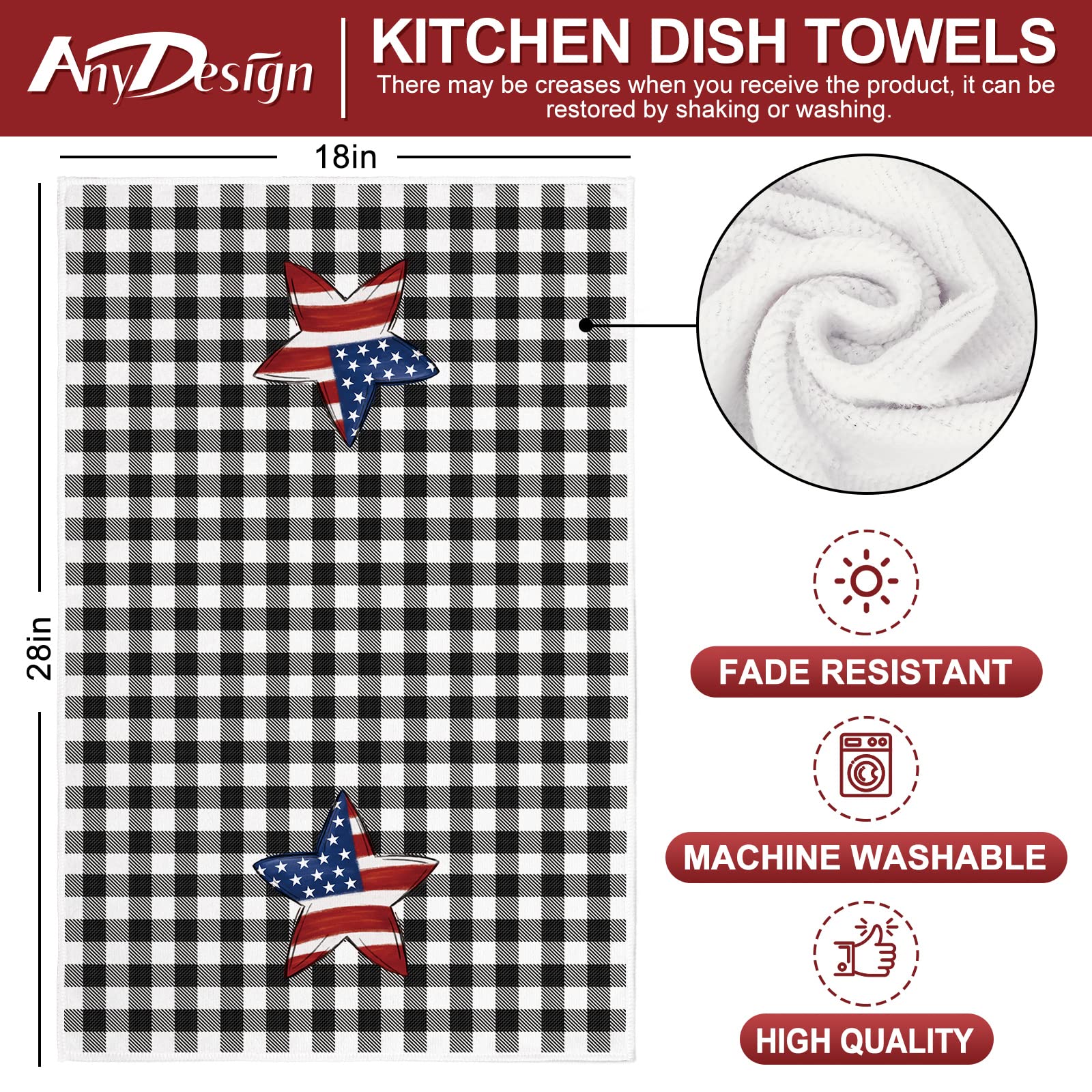 AnyDesign Patriotic Kitchen Dish Towel 18 x 28 in Buffalo Plaids American Flag Truck Dish Cloth Towel 4th of July Decorative Hand Drying Tea Towel for Independence Day Memorial Day, 4Pcs