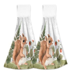 Squirrel Strawberry Leaves Hanging Kitchen Towel Dish Cloth Tie Towels Set of 2 Hand Towel Tea Bar Dry Towel Absorbent Fast Drying for Bathroom Laundry Room Decor