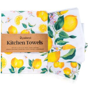 koaland flour sack towels, set of 3 oversized tea towels for kitchen with printed lemon designs, 100-percent cotton, cute kitchen towel set, lemon kitchen decor, decorative dish towels