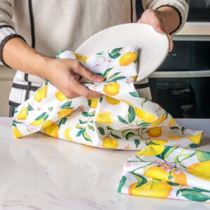 KOALAND Flour Sack Towels, Set of 3 Oversized Tea Towels for Kitchen with Printed Lemon Designs, 100-percent Cotton, Cute Kitchen Towel Set, Lemon Kitchen Decor, Decorative Dish Towels