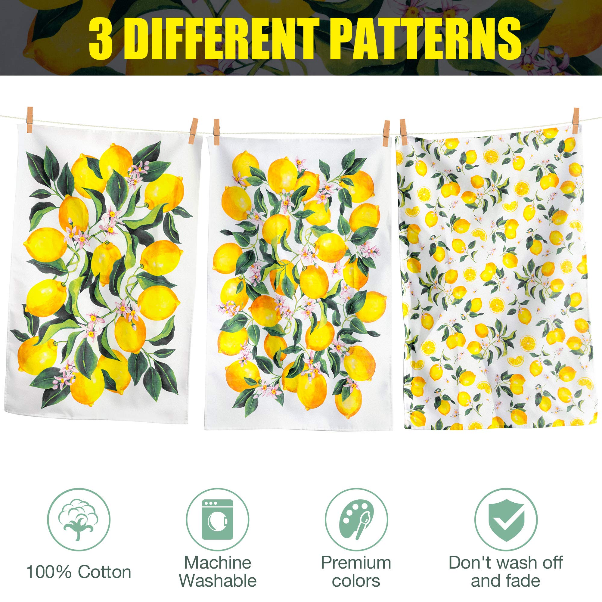 KOALAND Flour Sack Towels, Set of 3 Oversized Tea Towels for Kitchen with Printed Lemon Designs, 100-percent Cotton, Cute Kitchen Towel Set, Lemon Kitchen Decor, Decorative Dish Towels