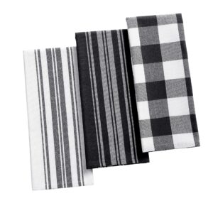 elrene home fashions farmhouse living stripe and check kitchen towels, 17" x 28" (set of 3), black/white 3