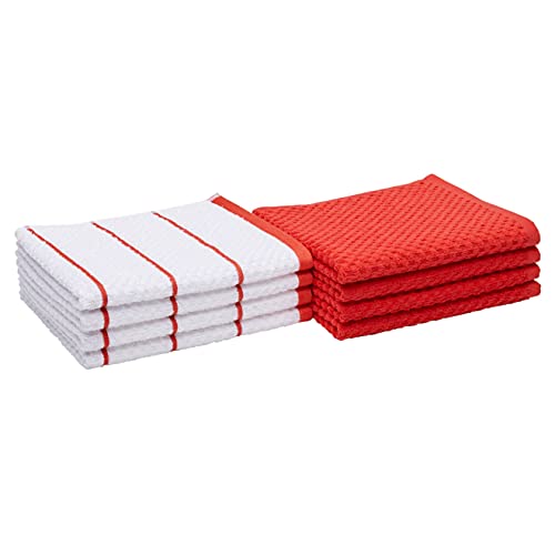 Amazon Basics 100% Cotton Terry Kitchen Dish Towels, Popcorn Texture, 8 Pack, Red Stripe, 28"L x 16"W