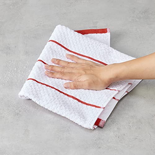 Amazon Basics 100% Cotton Terry Kitchen Dish Towels, Popcorn Texture, 8 Pack, Red Stripe, 28"L x 16"W