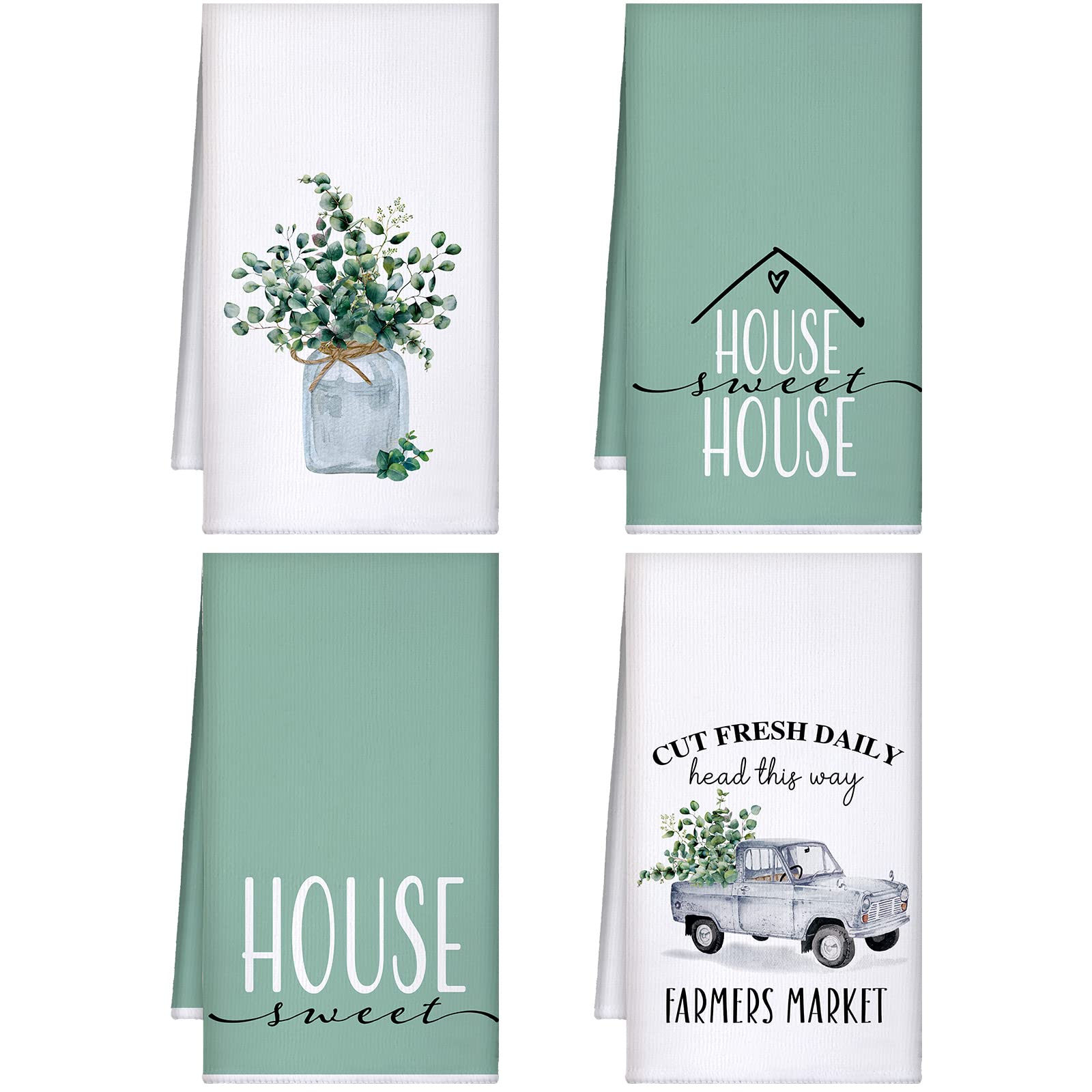 Bencailor 4 Pieces Eucalyptus Kitchen Towels 16 x 24 Inch Green Dish Towels Greenery House Hand Towels Absorbent Soft Microfiber Tea Towels for Home Wedding Kitchen Drying Towel