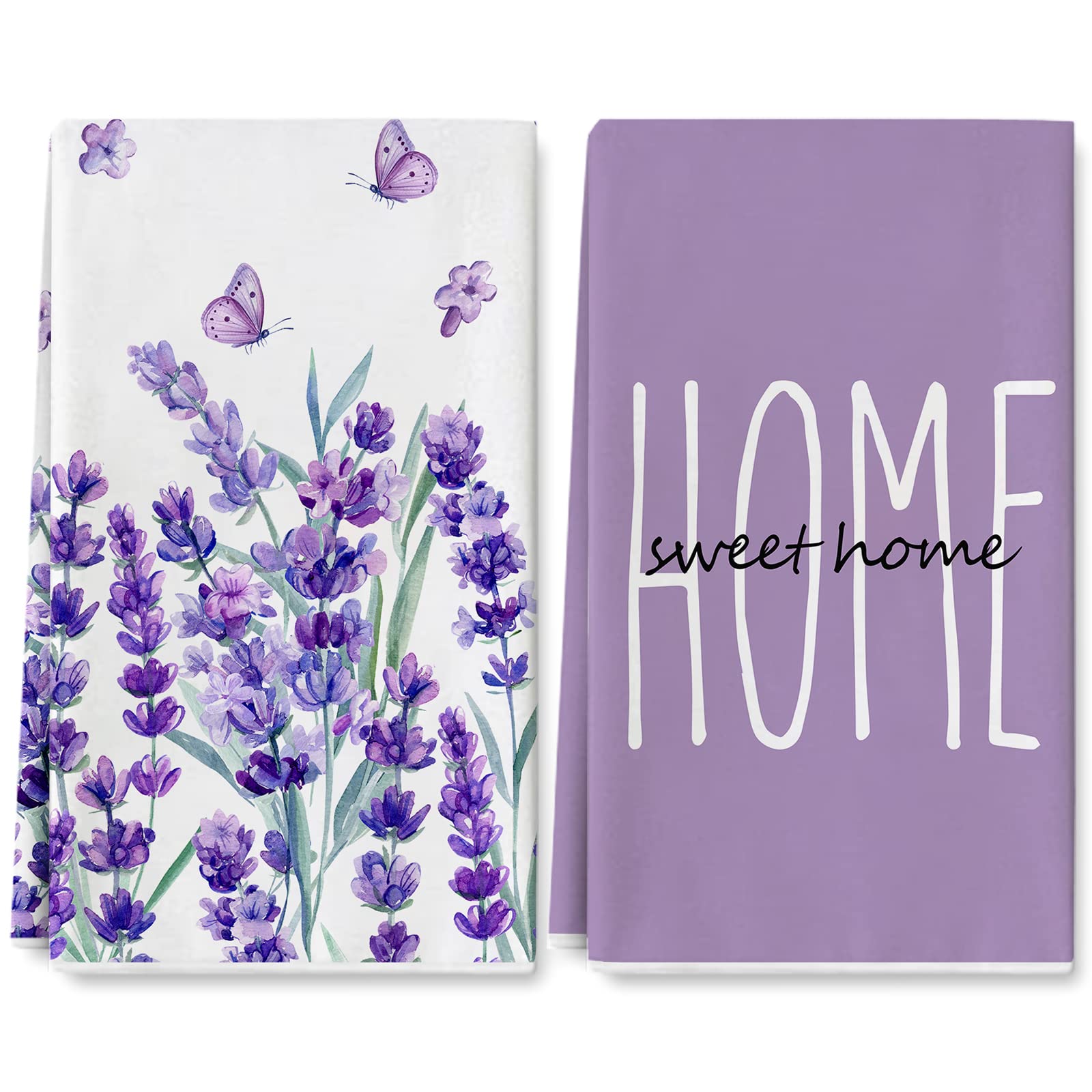 AnyDesign Lavender Kitchen Towel Flower Purple Flower Butterfly Dish Towel 18 x 28 Inch Home Sweet Home Hand Drying Tea Towel for Seasonal Spring Cooking Baking Cleaning Supplies, 2 Pack