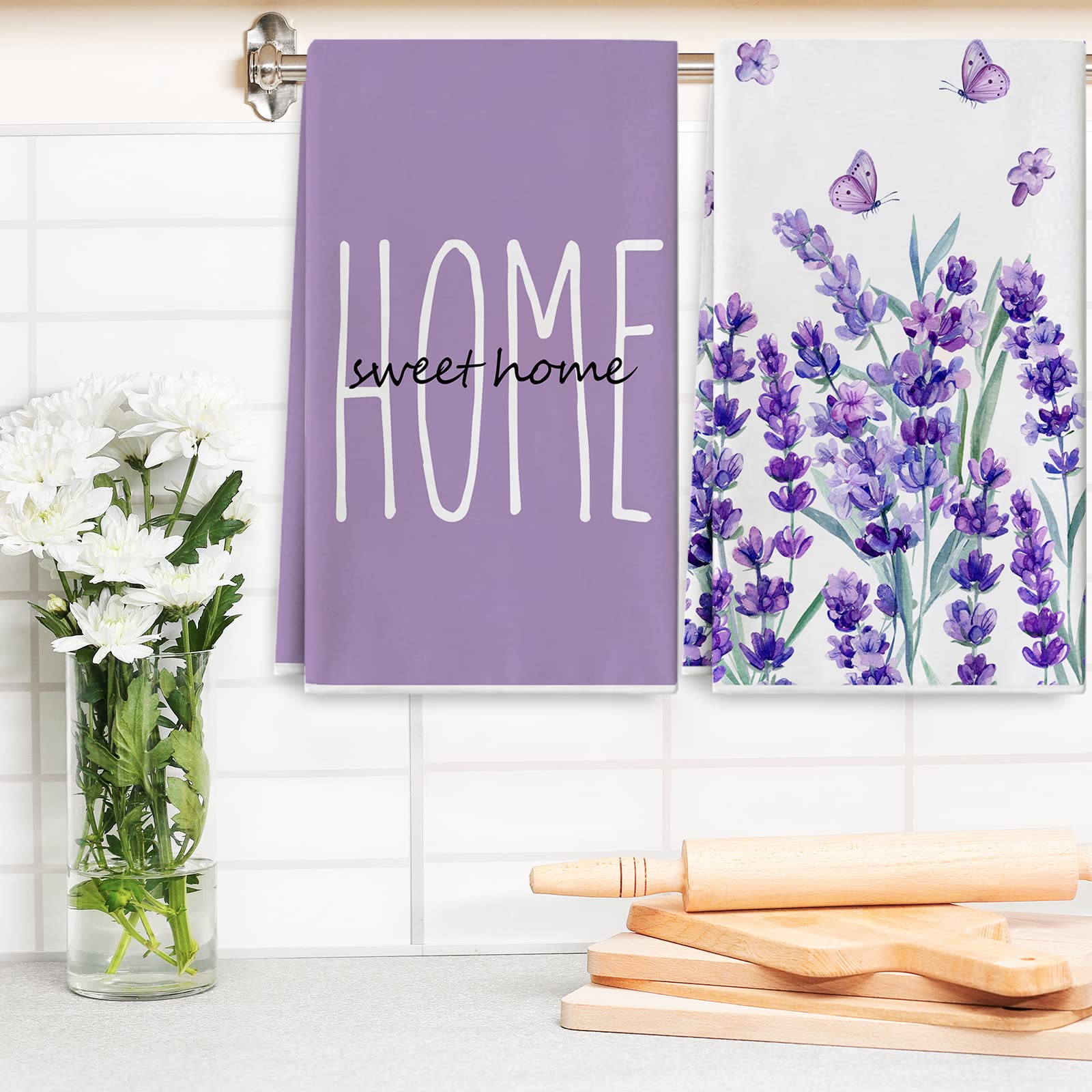 AnyDesign Lavender Kitchen Towel Flower Purple Flower Butterfly Dish Towel 18 x 28 Inch Home Sweet Home Hand Drying Tea Towel for Seasonal Spring Cooking Baking Cleaning Supplies, 2 Pack