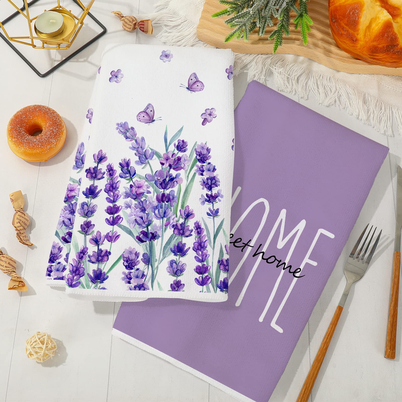 AnyDesign Lavender Kitchen Towel Flower Purple Flower Butterfly Dish Towel 18 x 28 Inch Home Sweet Home Hand Drying Tea Towel for Seasonal Spring Cooking Baking Cleaning Supplies, 2 Pack