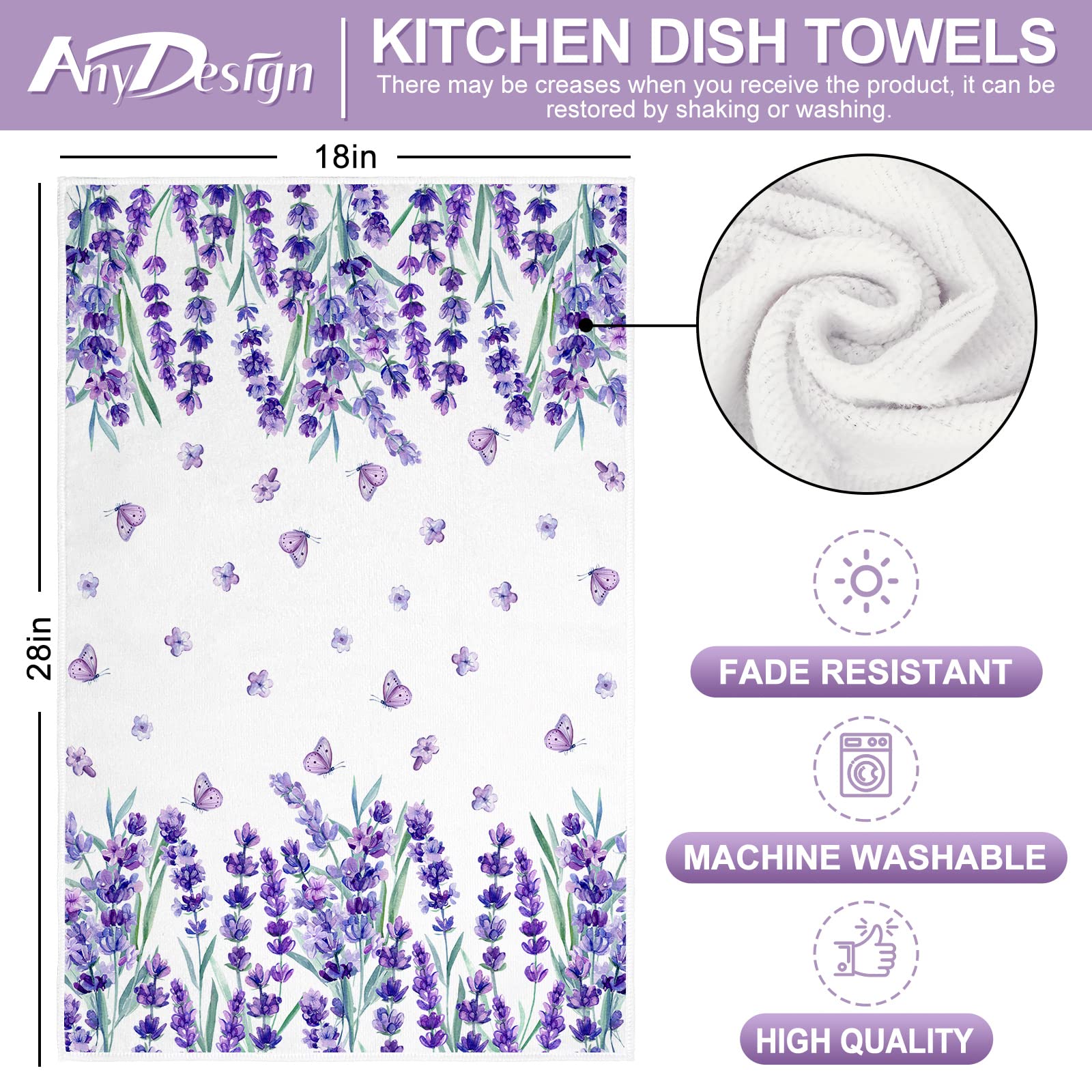 AnyDesign Lavender Kitchen Towel Flower Purple Flower Butterfly Dish Towel 18 x 28 Inch Home Sweet Home Hand Drying Tea Towel for Seasonal Spring Cooking Baking Cleaning Supplies, 2 Pack