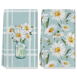 anydesign daisy flower spring kitchen towel summer floral dishcloths light blue watercolor reusable hand drying tea towel for farmhouse seasonal cooking baking cleaning, 18 x 28 inch, 2 packs