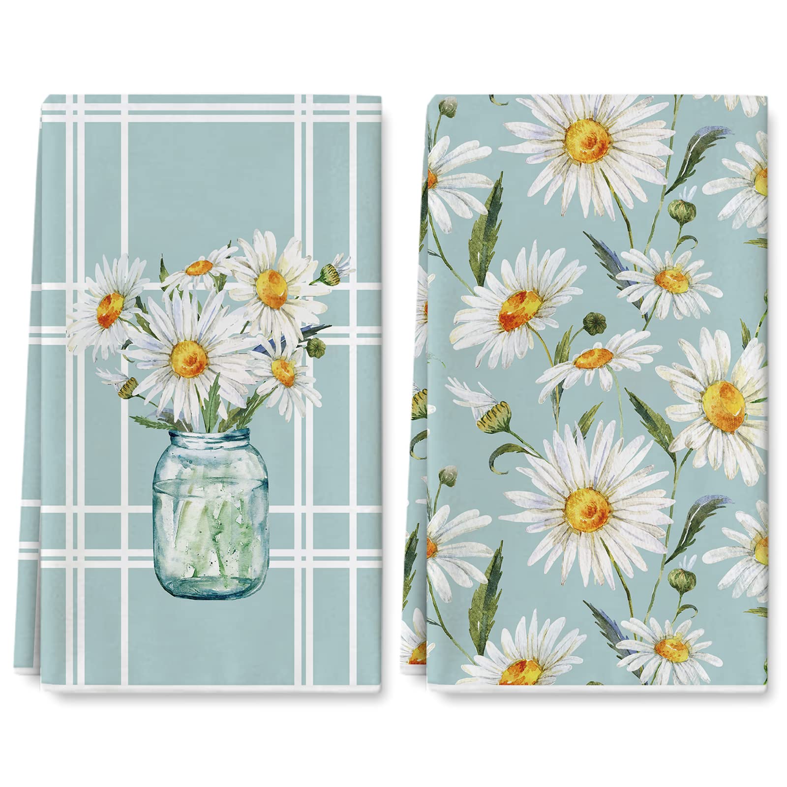 AnyDesign Daisy Flower Spring Kitchen Towel Summer Floral Dishcloths Light Blue Watercolor Reusable Hand Drying Tea Towel for Farmhouse Seasonal Cooking Baking Cleaning, 18 x 28 Inch, 2 Packs