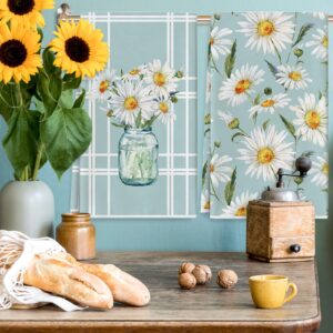 AnyDesign Daisy Flower Spring Kitchen Towel Summer Floral Dishcloths Light Blue Watercolor Reusable Hand Drying Tea Towel for Farmhouse Seasonal Cooking Baking Cleaning, 18 x 28 Inch, 2 Packs