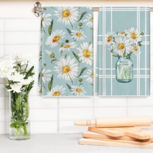 AnyDesign Daisy Flower Spring Kitchen Towel Summer Floral Dishcloths Light Blue Watercolor Reusable Hand Drying Tea Towel for Farmhouse Seasonal Cooking Baking Cleaning, 18 x 28 Inch, 2 Packs