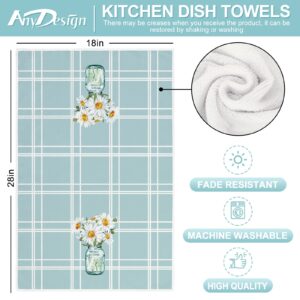 AnyDesign Daisy Flower Spring Kitchen Towel Summer Floral Dishcloths Light Blue Watercolor Reusable Hand Drying Tea Towel for Farmhouse Seasonal Cooking Baking Cleaning, 18 x 28 Inch, 2 Packs