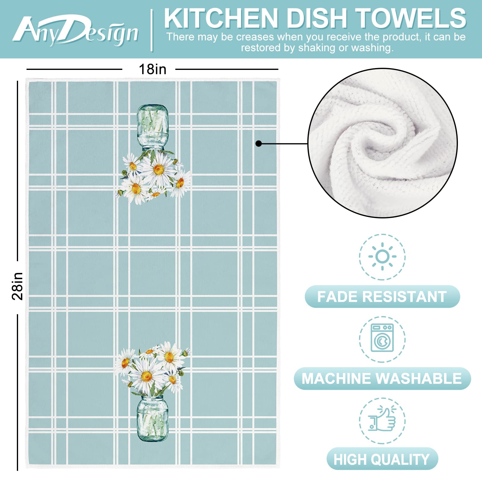 AnyDesign Daisy Flower Spring Kitchen Towel Summer Floral Dishcloths Light Blue Watercolor Reusable Hand Drying Tea Towel for Farmhouse Seasonal Cooking Baking Cleaning, 18 x 28 Inch, 2 Packs