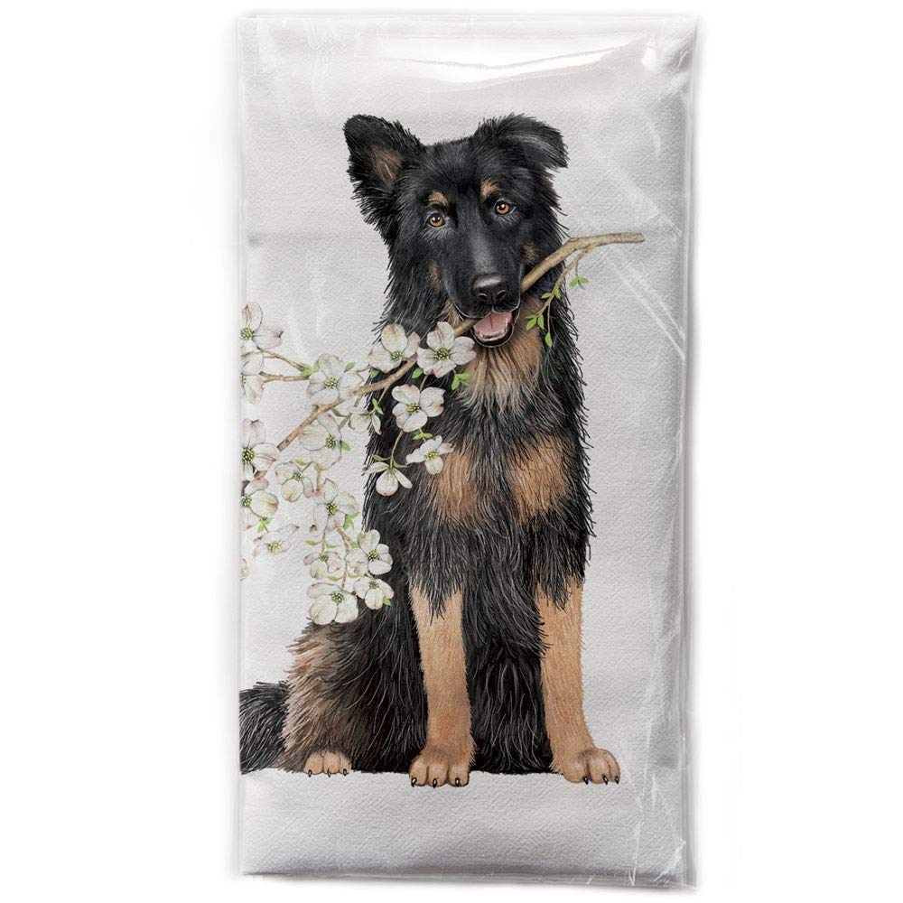 Mary Lake-Thompson German Shepherd with Dogwood Cotton Flour Sack Dish Towel