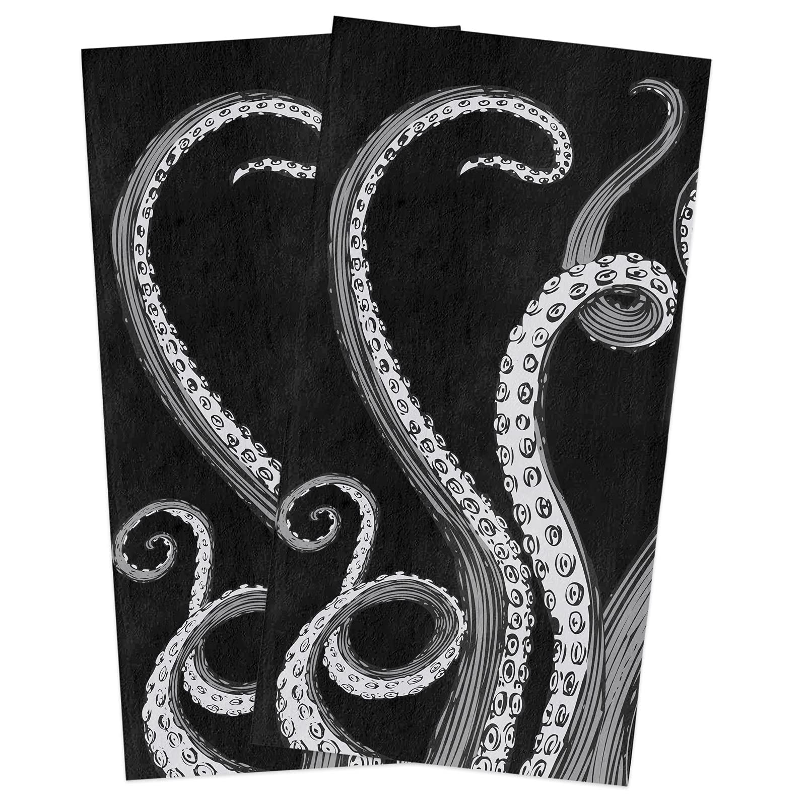 DuoPhi Kitchen Towels Set Kraken Octopus Tentacles Tentacles Dish Towel Marine Life Black White Dishcloths 2 Pack, 18x28 Inches Absorbent Soft Cotton Dish Cloths Bar Towels & Tea Towels