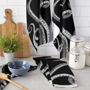 DuoPhi Kitchen Towels Set Kraken Octopus Tentacles Tentacles Dish Towel Marine Life Black White Dishcloths 2 Pack, 18x28 Inches Absorbent Soft Cotton Dish Cloths Bar Towels & Tea Towels