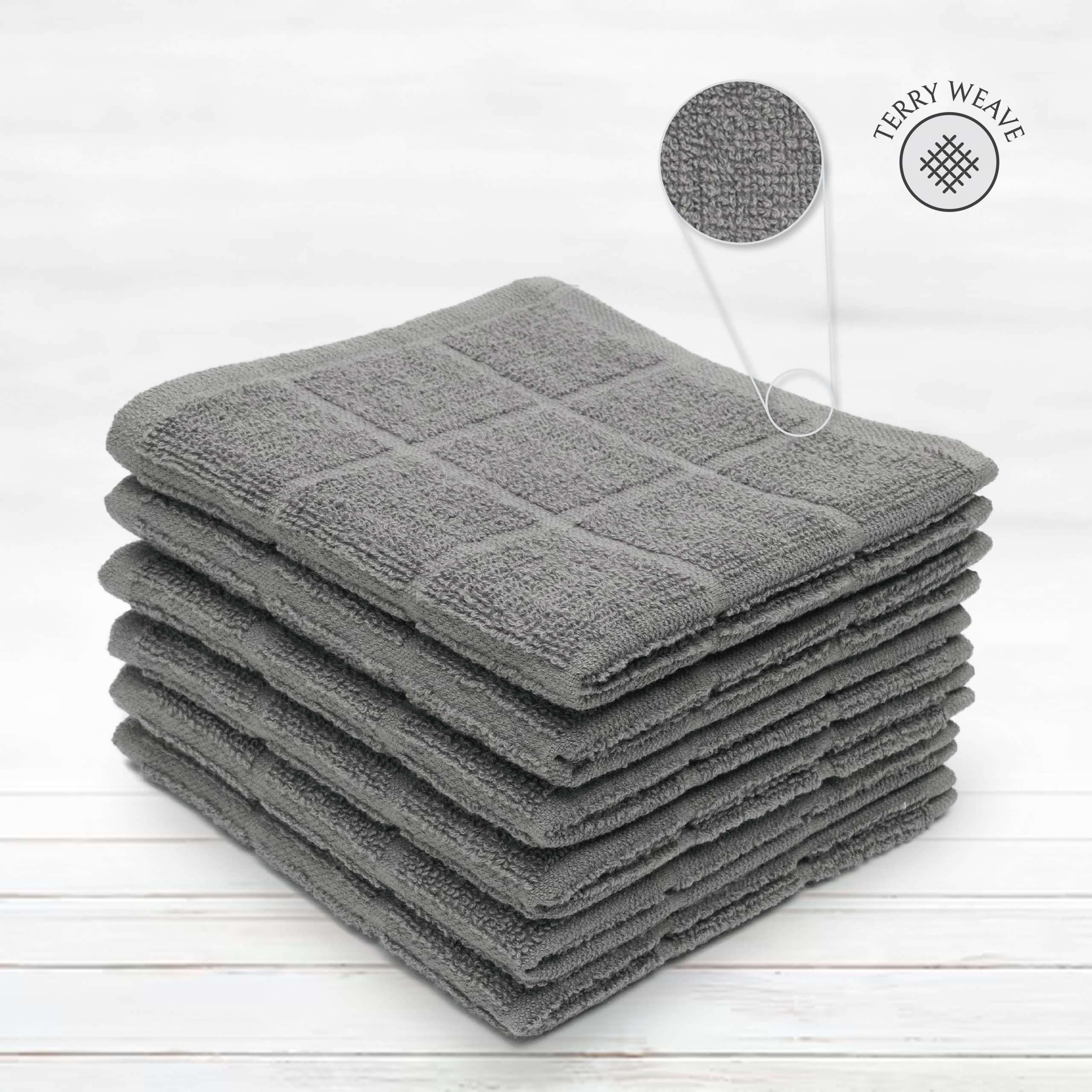 Mellow Buff 100% Cotton Terry Dish Cloth Plain, 6 Pack 12 x 12 Inches, Super Soft and Absorbent Dish Rags, Perfect for Kitchen Cleaning and Dish Washing | Light Gray