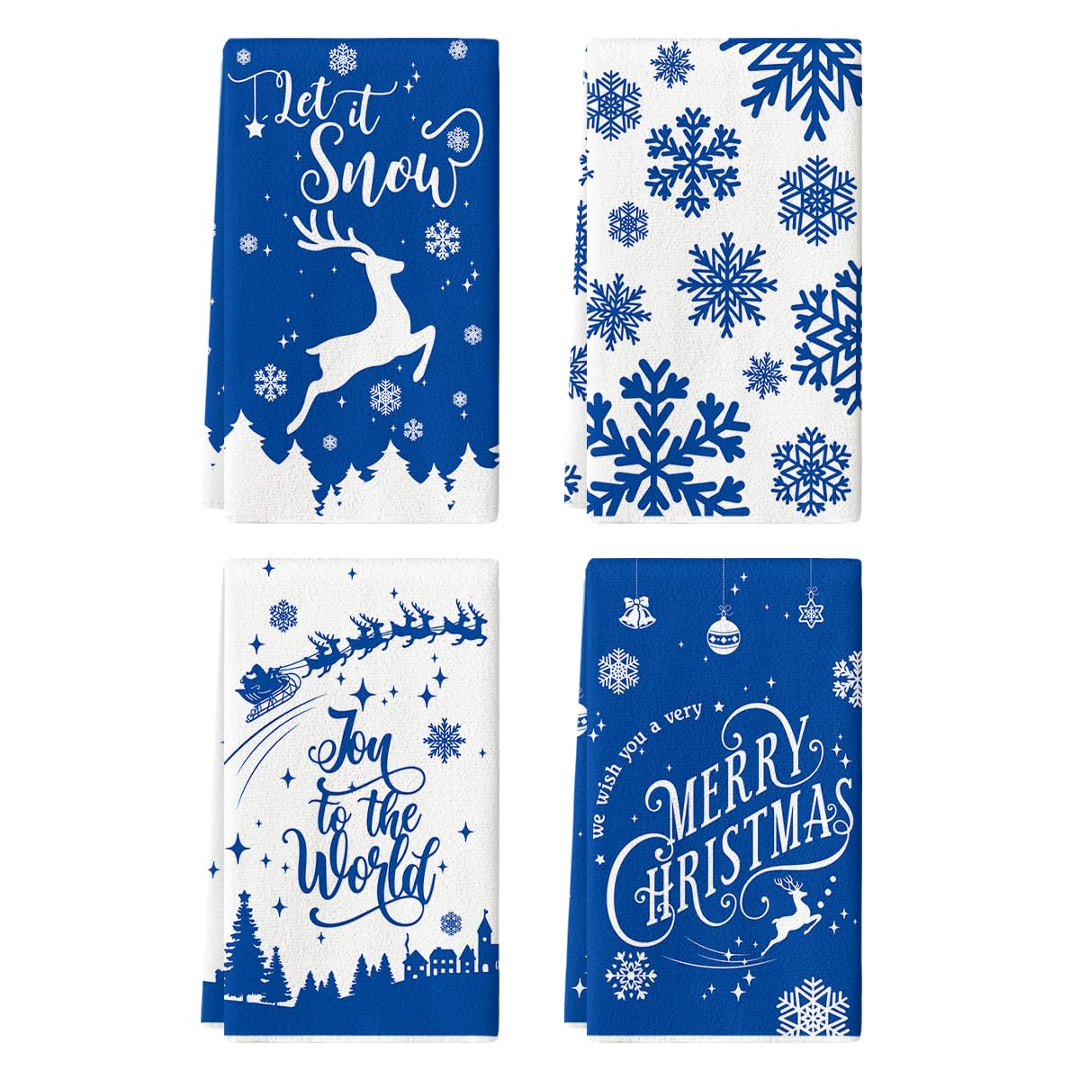 Artoid Mode Elk Snow Merry Christmas Kitchen Towels and Dish Towels Blue, 18 x 26 Inch Winter Xmas Holiday Ultra Absorbent Drying Cloth Tea Towels for Cooking Baking Set of 4