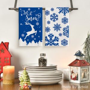 Artoid Mode Elk Snow Merry Christmas Kitchen Towels and Dish Towels Blue, 18 x 26 Inch Winter Xmas Holiday Ultra Absorbent Drying Cloth Tea Towels for Cooking Baking Set of 4