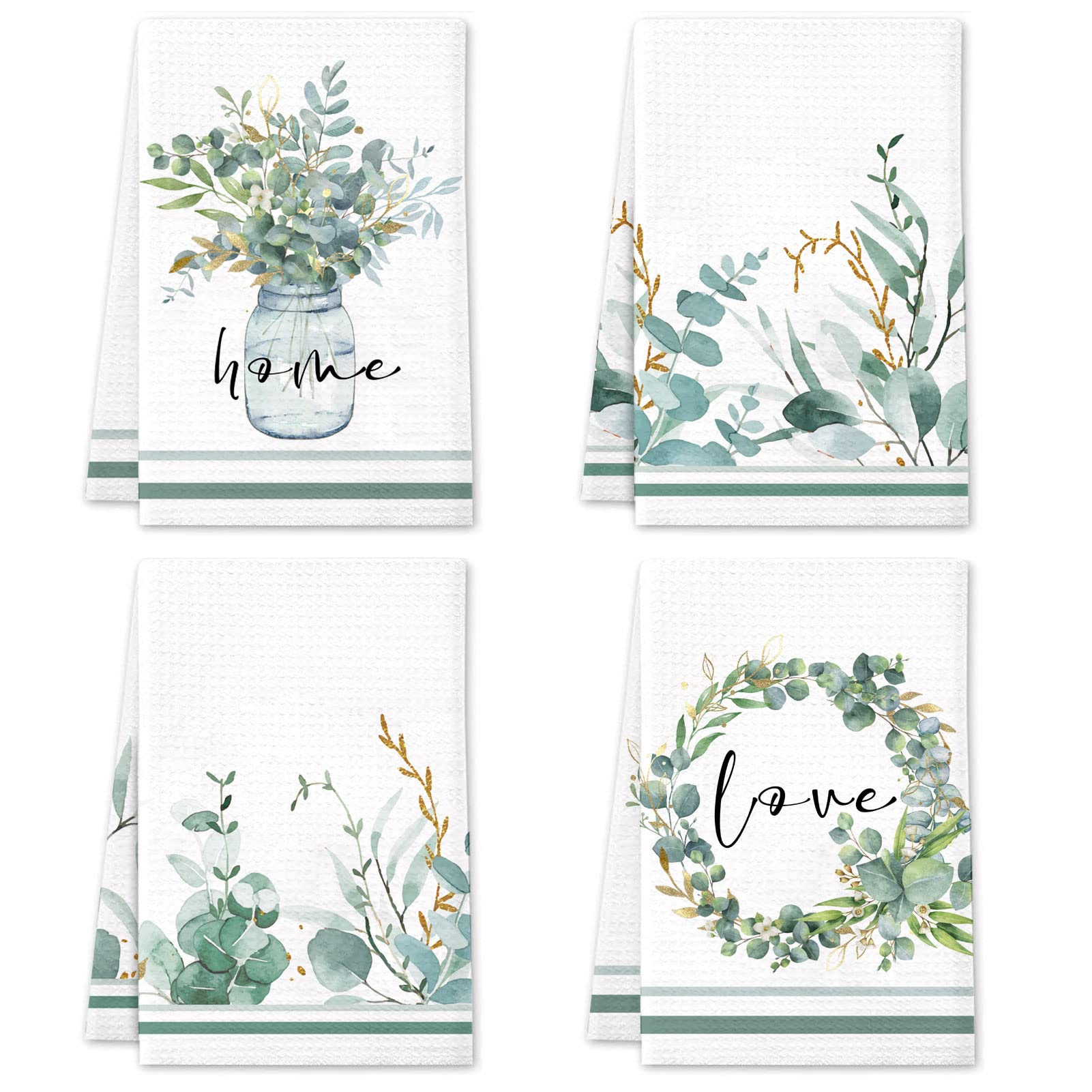 Lebsitey Green Eucalyptus Leaf Kitchen Towels, 4 Pack Love Sweet Home Quotes Eucalyptus Wreath Tea Dish Towels, Absorbent Drying Cloth Tea Towels for Cooking Baking,16×24IN (Green Leaves Towels)