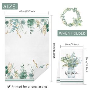 Lebsitey Green Eucalyptus Leaf Kitchen Towels, 4 Pack Love Sweet Home Quotes Eucalyptus Wreath Tea Dish Towels, Absorbent Drying Cloth Tea Towels for Cooking Baking,16×24IN (Green Leaves Towels)