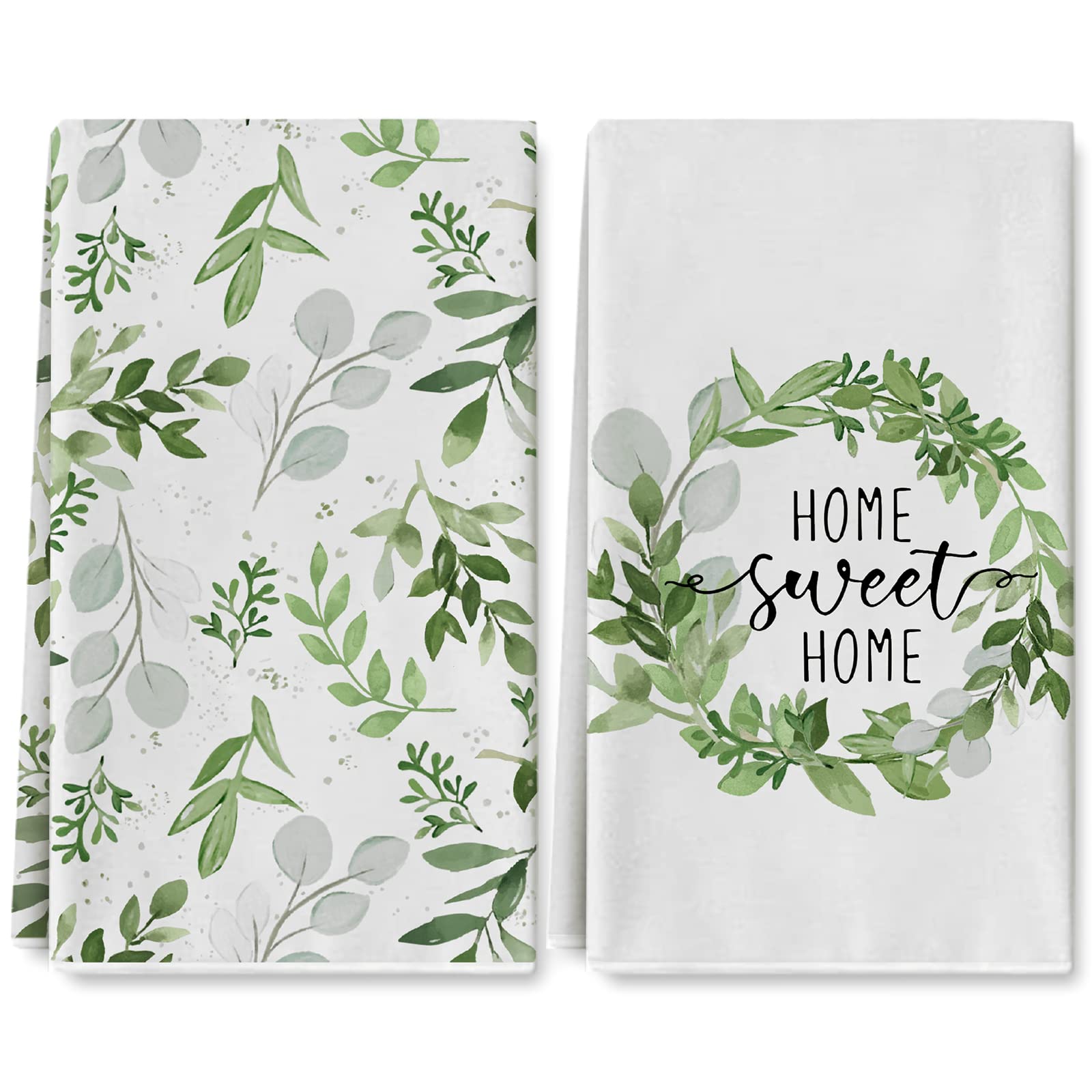 AnyDesign Greenery Kitchen Towel 18 x 28 in Watercolor Green Leaves Seasonal Dish Towel Sweet Hand Towels Farmhouse Dishcloths Drying Baking Cooking Tea Towel for Spring Summer Cleaning Wipes, 2Pcs