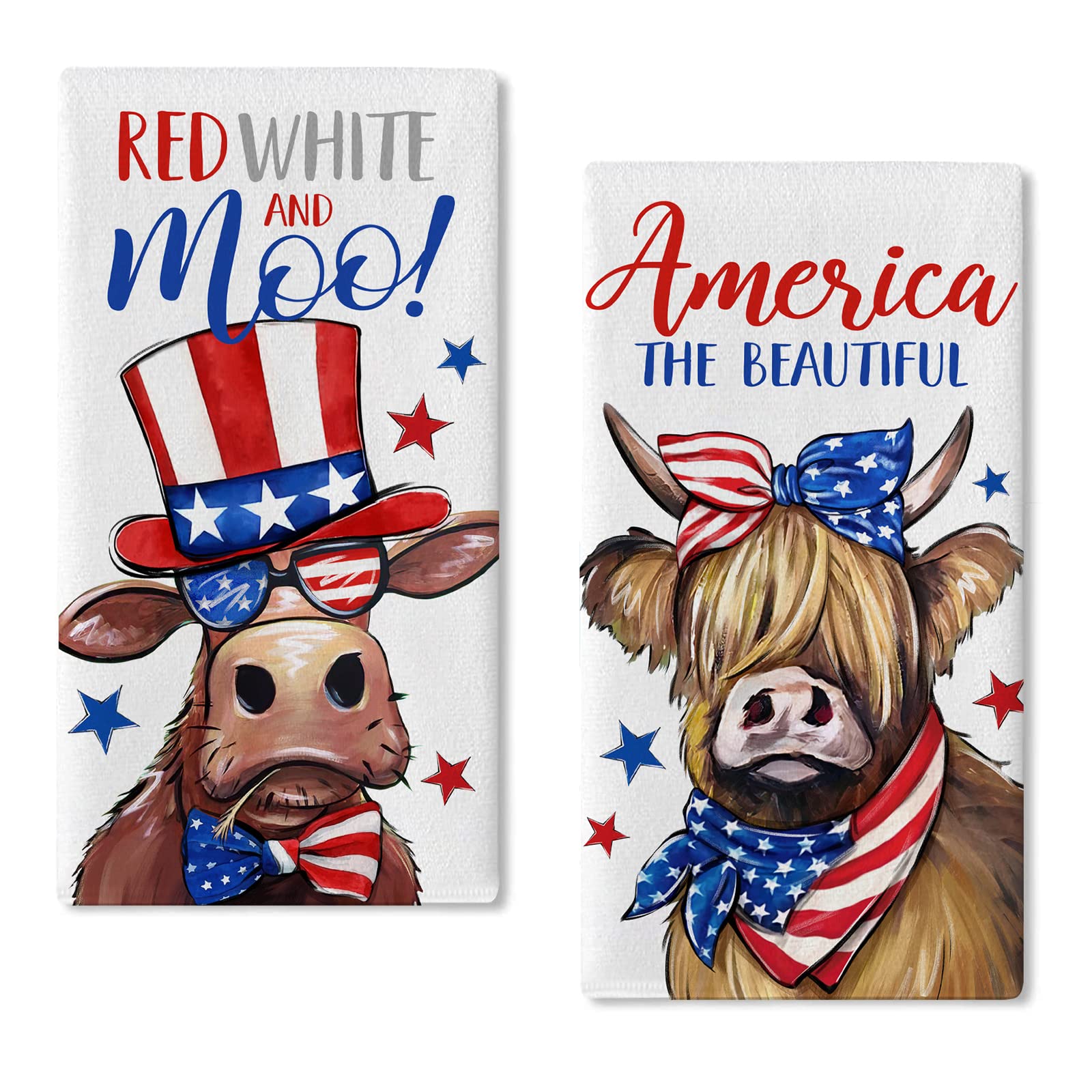 Seliem 4th of July America The Beautiful Patriotic Cow Kitchen Dish Towel Set of 2, Highland Cattle Stars Stripes Hand Towel Drying Baking Cooking Cloth, Summer Holiday USA Kitchen Decor 18x26 Inches