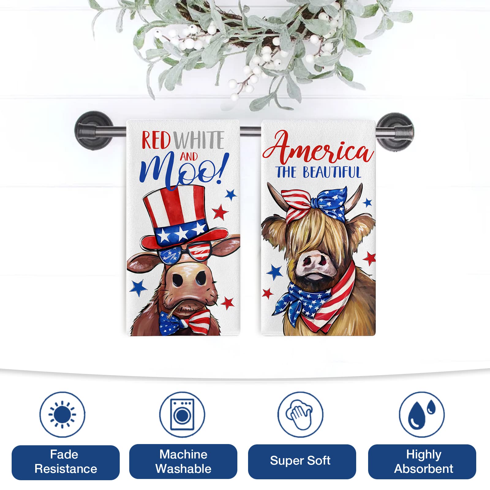 Seliem 4th of July America The Beautiful Patriotic Cow Kitchen Dish Towel Set of 2, Highland Cattle Stars Stripes Hand Towel Drying Baking Cooking Cloth, Summer Holiday USA Kitchen Decor 18x26 Inches